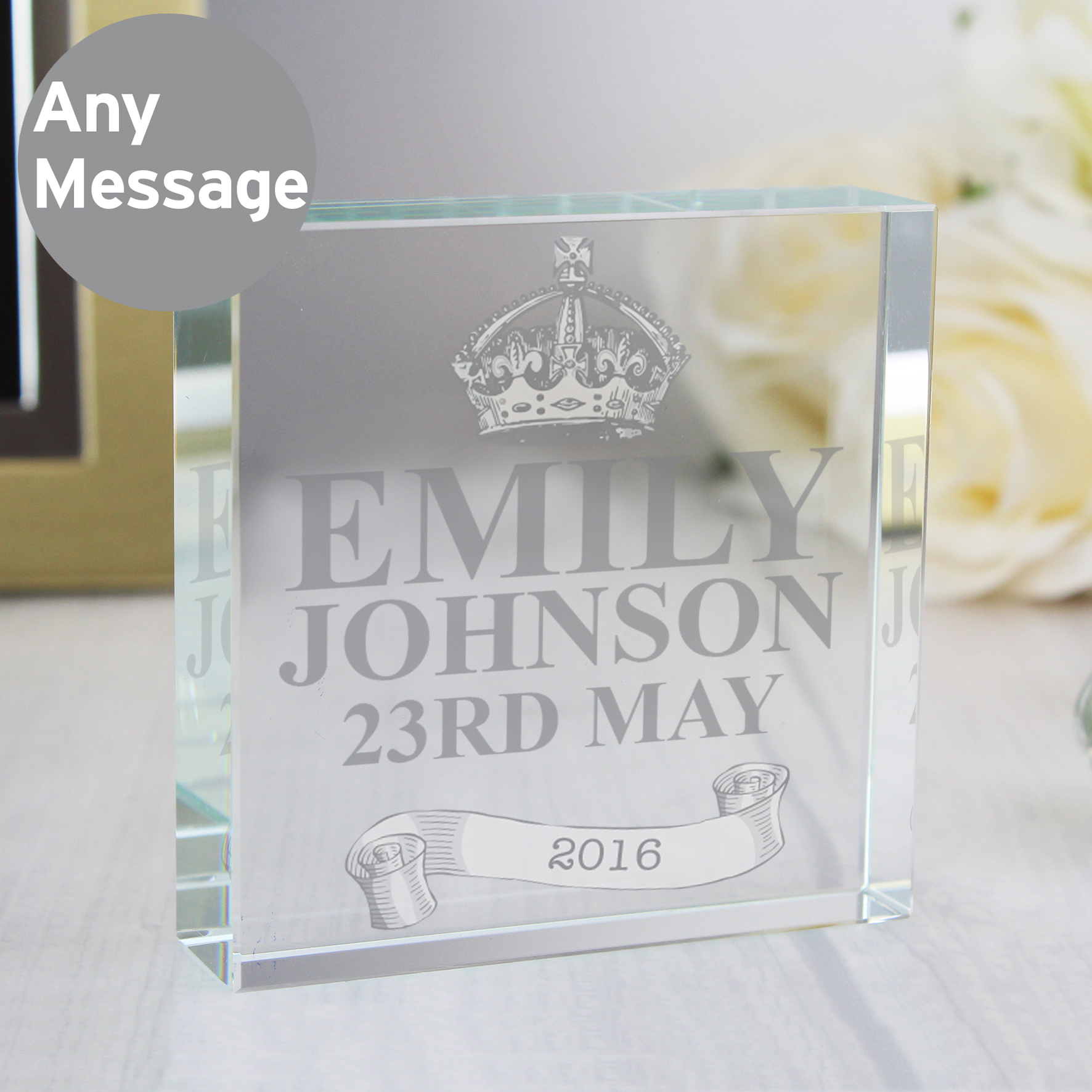 Pink Butterflies Large Crystal Block - Personalised Glass Blocks